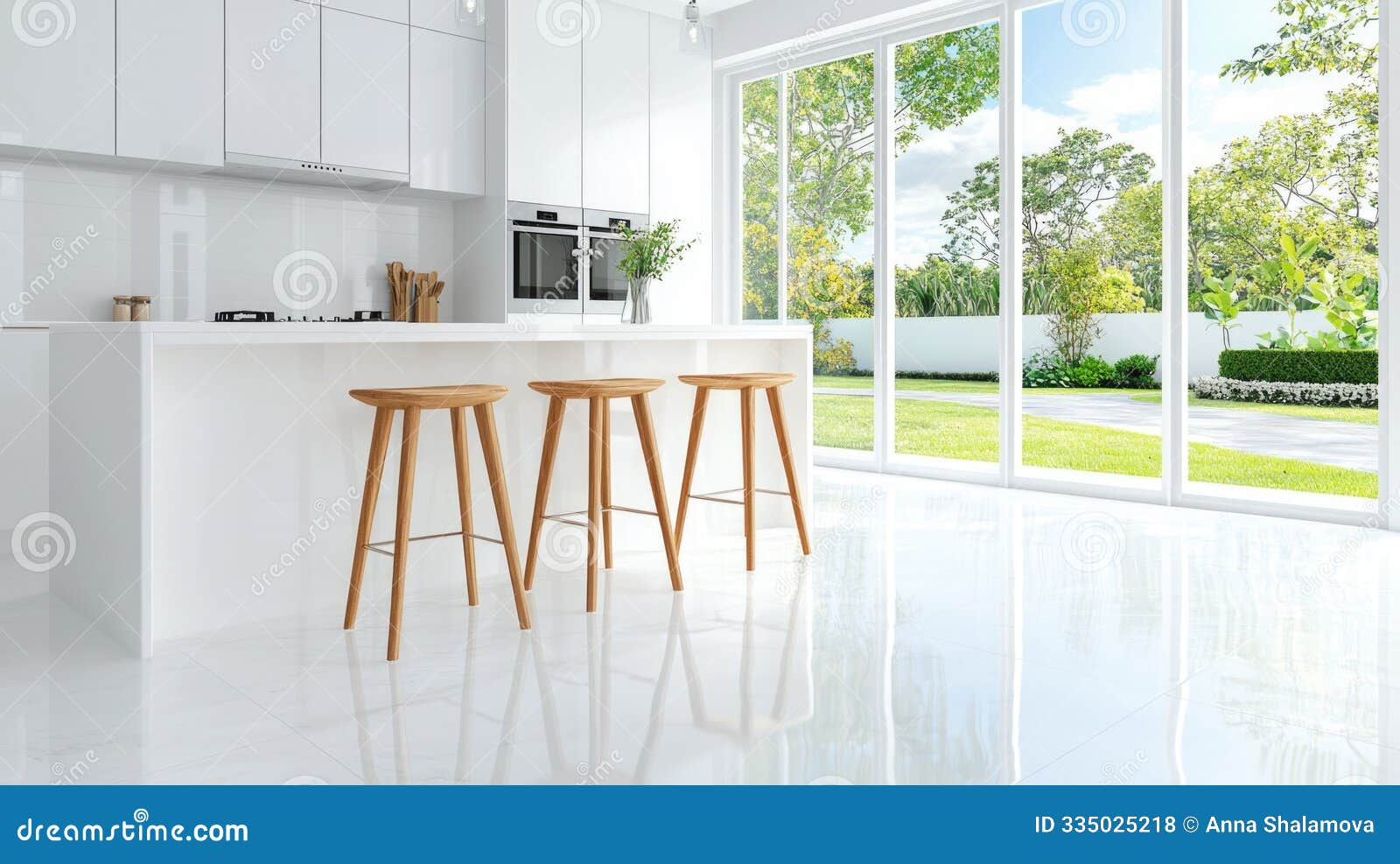 Modern Minimalist Kitchen with Wooden Stools and Large Windows ...