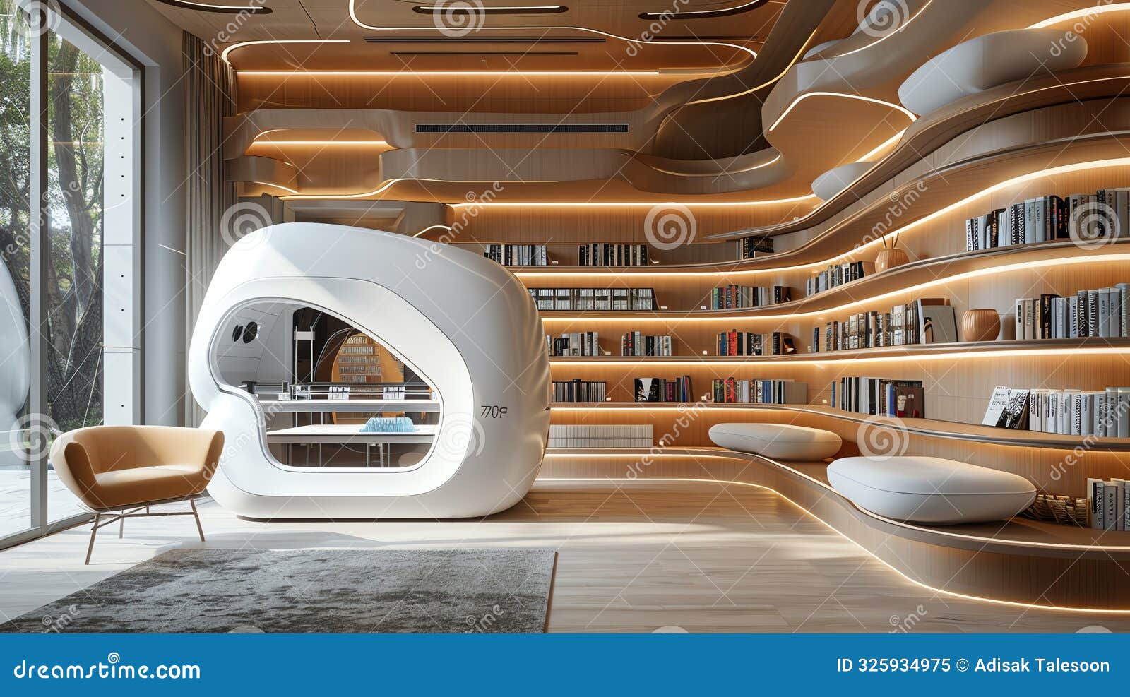 Modern, Minimalist Library Interior with Unique White Pod Seating and ...