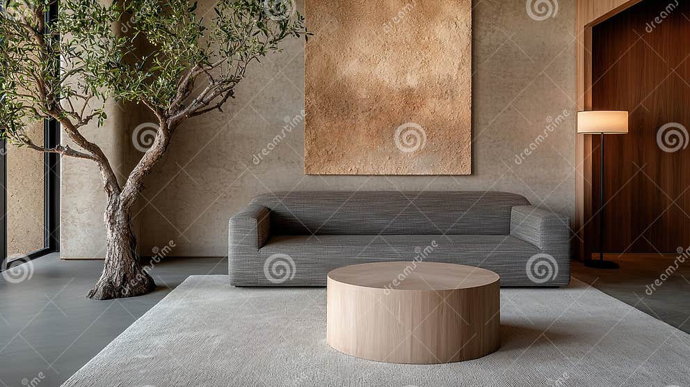 Modern Minimalist Living Room with Olive Tree Stock Illustration ...