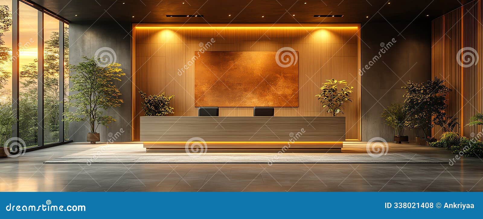 Modern Minimalist Lobby with a Reception Desk, Warm Lighting, and ...