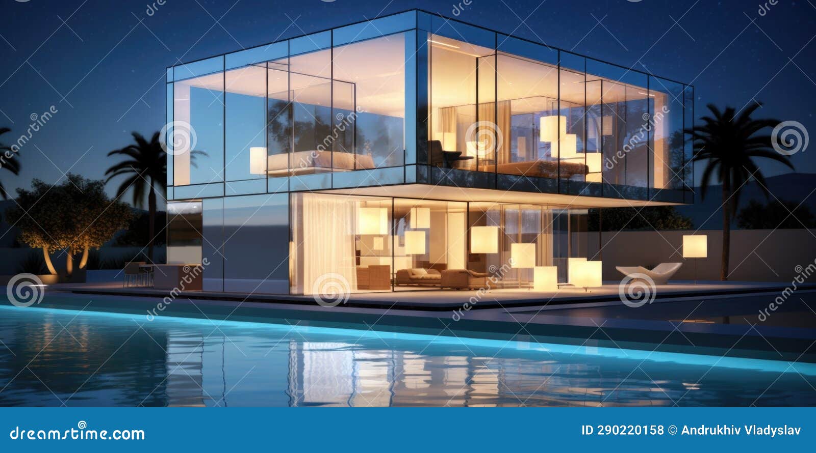 Modern Minimalist Metal and Glass Stack-cube House. Illuminated Villa ...