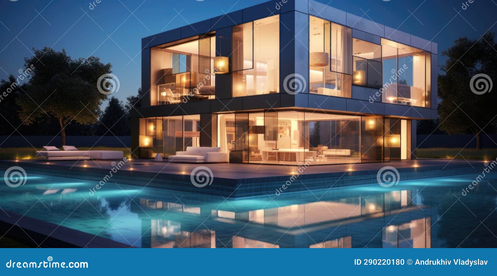 Modern Minimalist Metal and Glass Stack-cube House. Illuminated Villa ...