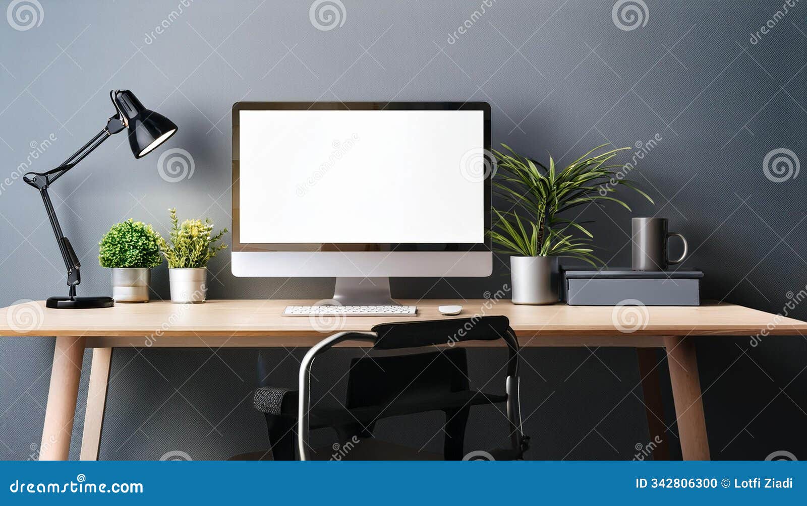 Modern Minimalist Office Desk Setup with Computer, Lamp, and Plant. 3D ...