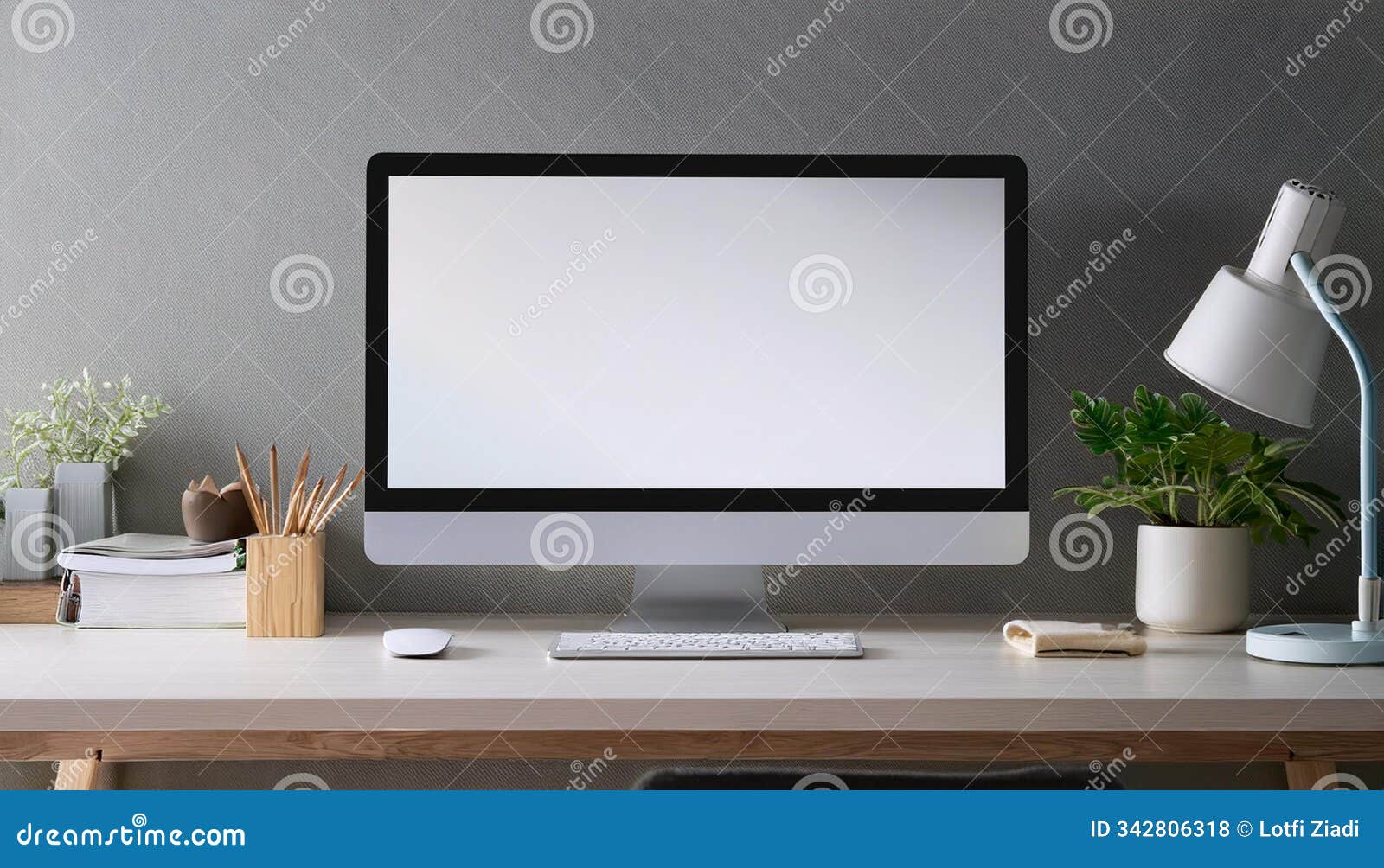 Modern Minimalist Office Desk Setup with Computer, Lamp, and Plant. 3D ...