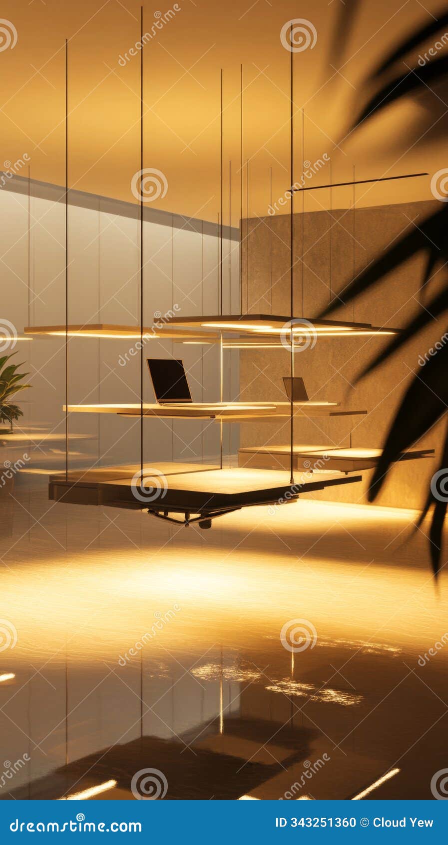 Modern Minimalist Office Interior with Floating Desks and Warm Ambient ...
