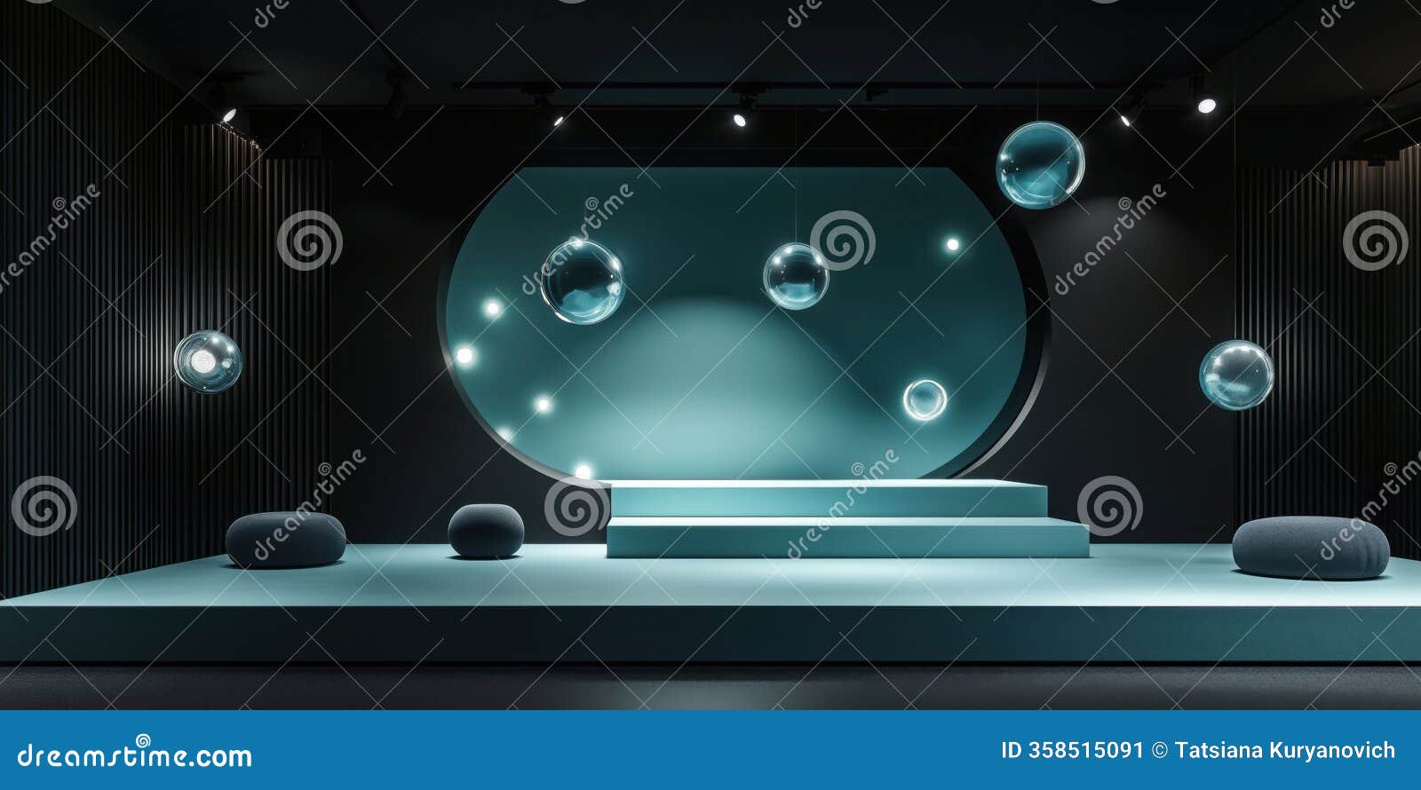 Modern Minimalist Stage Design Featuring Floating Glass Spheres, Teal ...