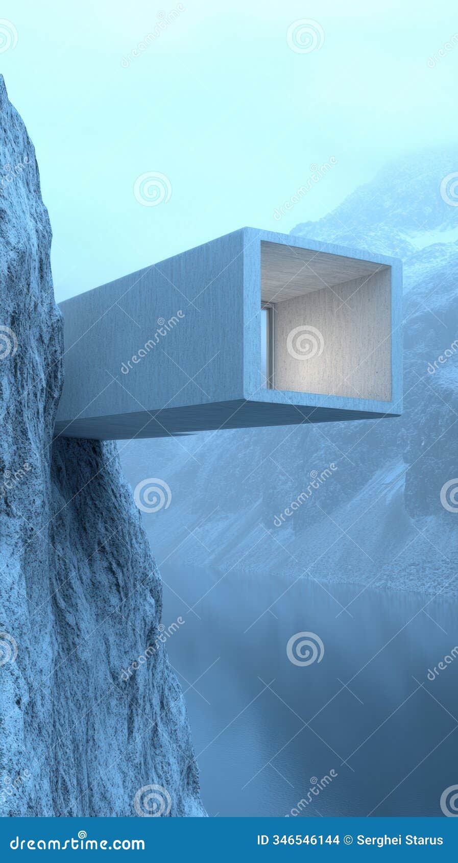 Modern Minimalist Structure Juts Out from a Cliff Over a Serene, Misty ...