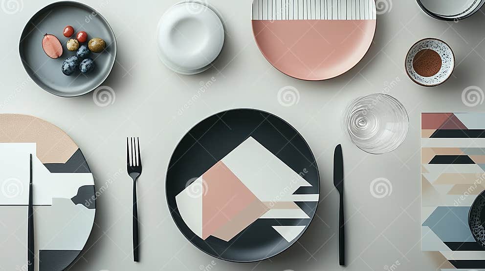 Modern Minimalist Table Setting with Geometric Patterns and Muted Stock ...