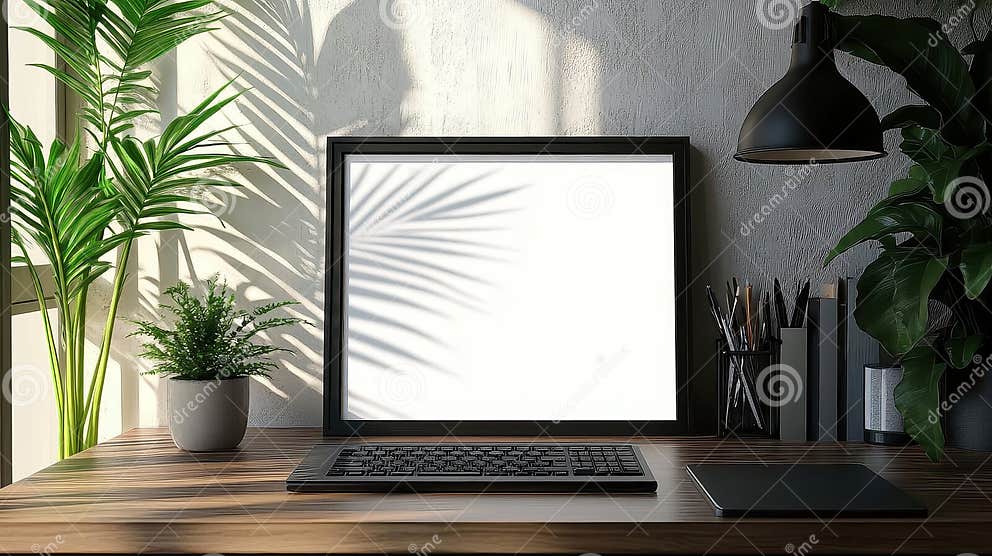 Modern Minimalist Workspace with Natural Light and Greenery Stock ...