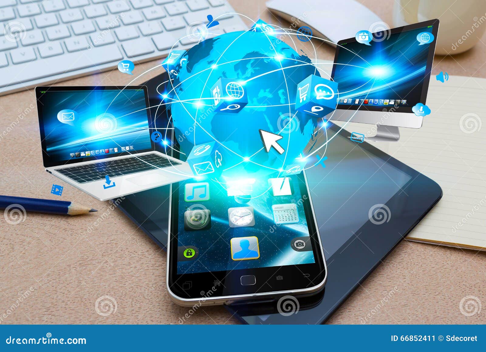 Modern Mobile Phone Connecting Tech Devices Stock Illustration ...