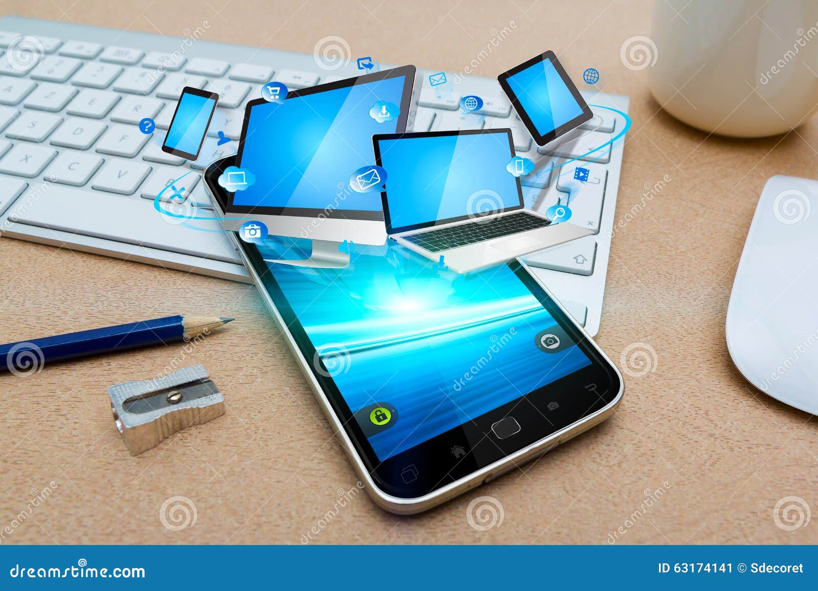 Modern Mobile Phone Connecting Tech Devices Stock Illustration ...