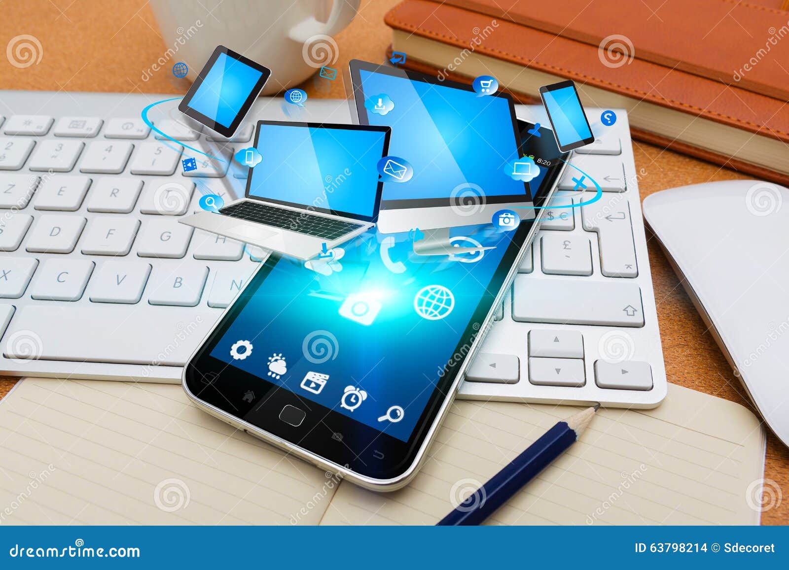 Modern Mobile Phone Connecting Tech Devices Stock Illustration ...