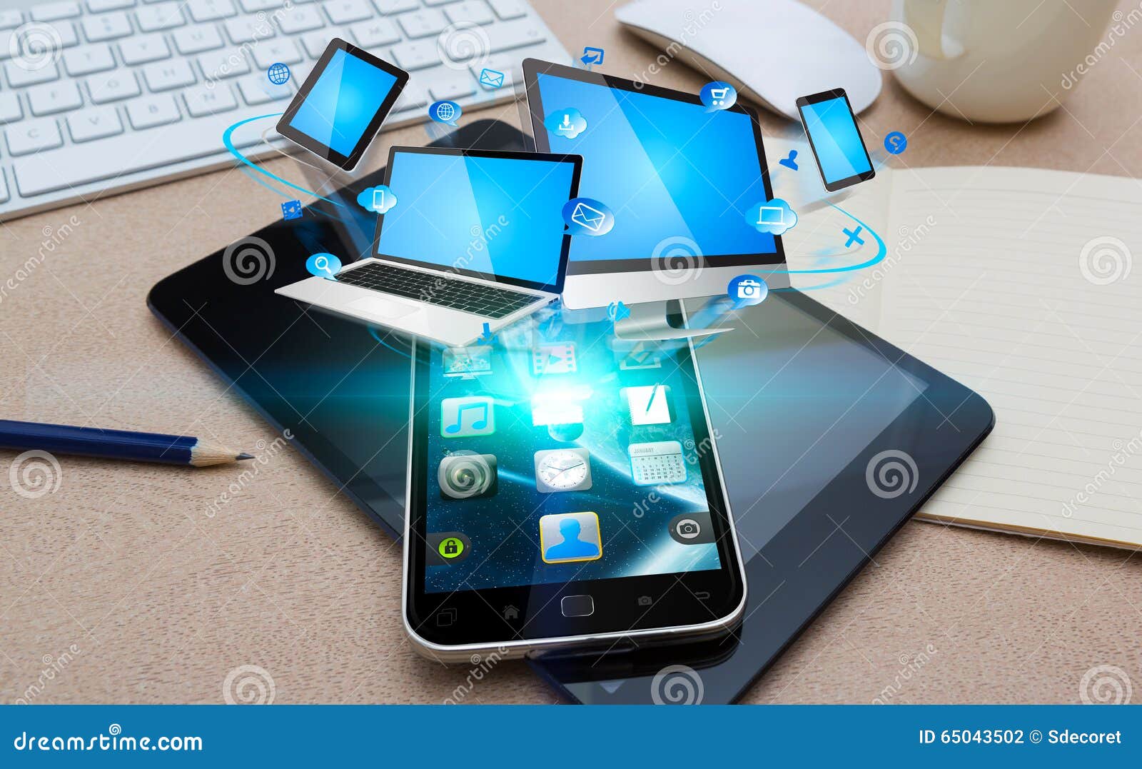 Modern Mobile Phone Connecting Tech Devices Stock Illustration ...