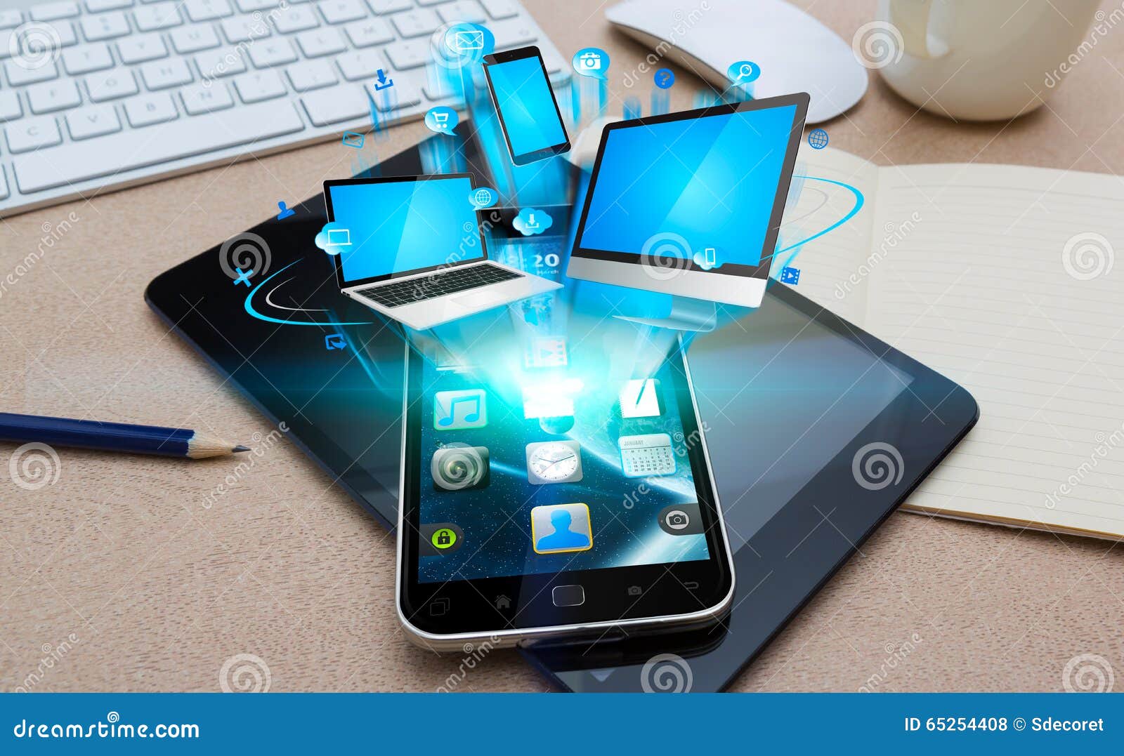 Modern Mobile Phone Connecting Tech Devices Stock Illustration ...