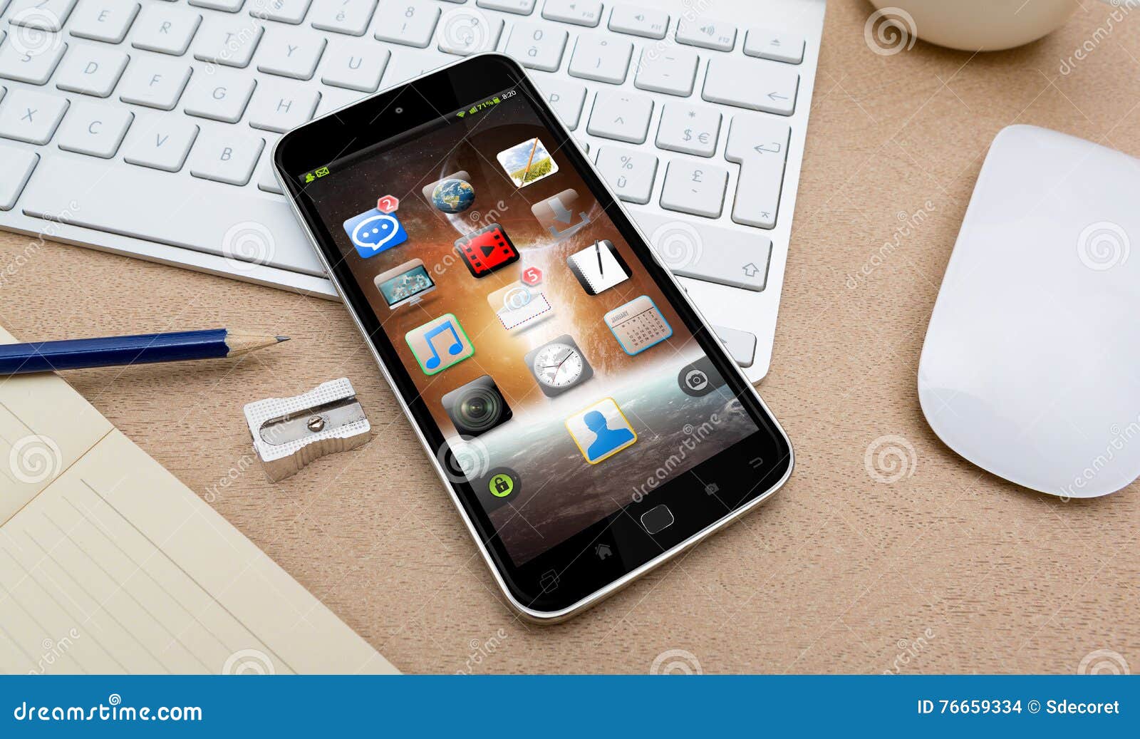Modern Mobile Phone on a Desk 3D Rendering Stock Illustration ...