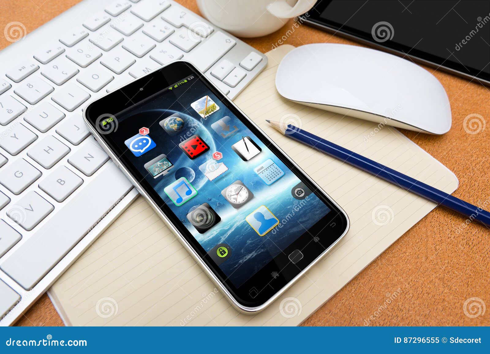 Modern Mobile Phone on a Desk 3D Rendering Stock Illustration ...