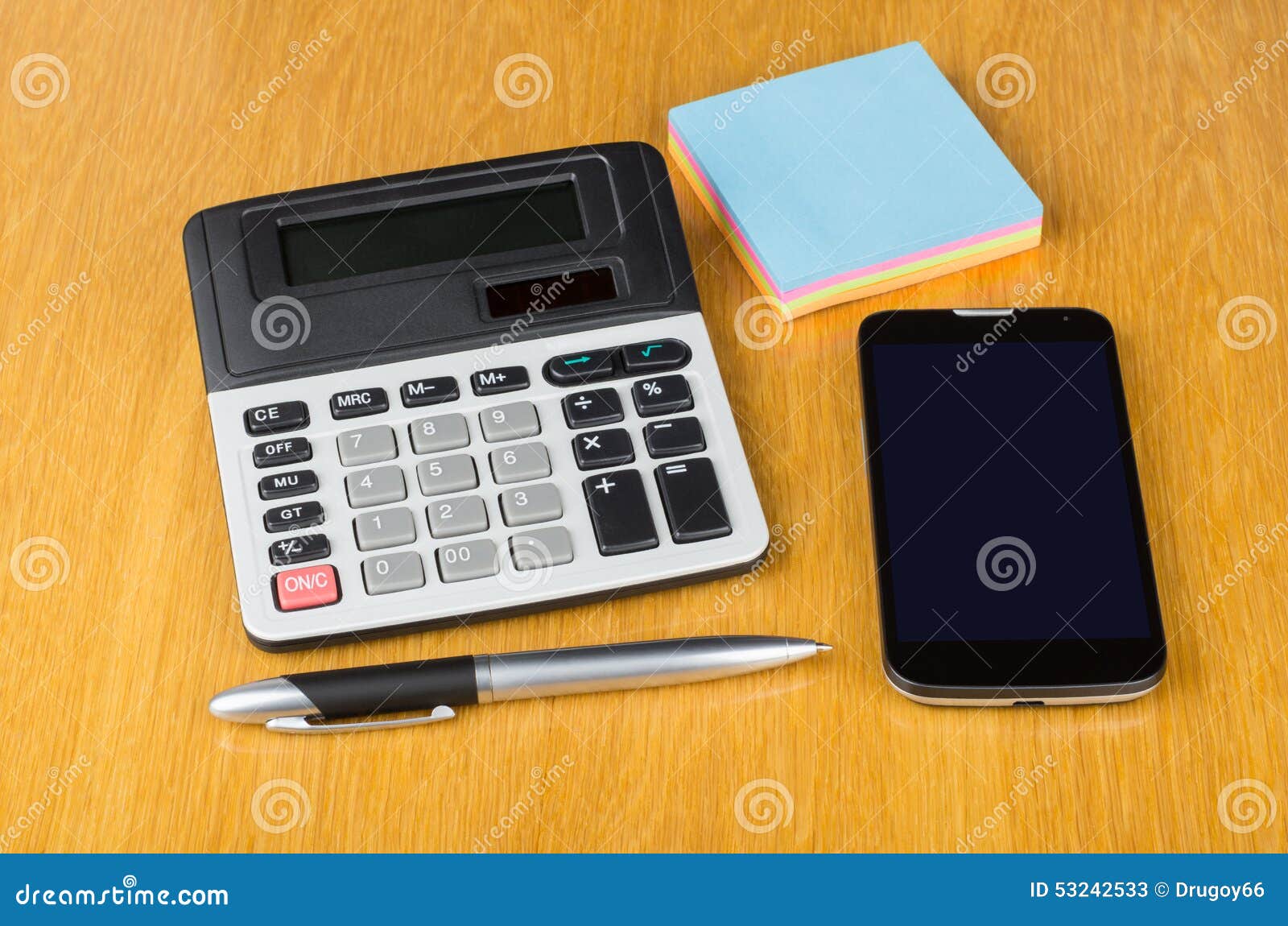 Modern Mobile Phone with Touchscreen, Paper, Calculator and Pen Stock ...