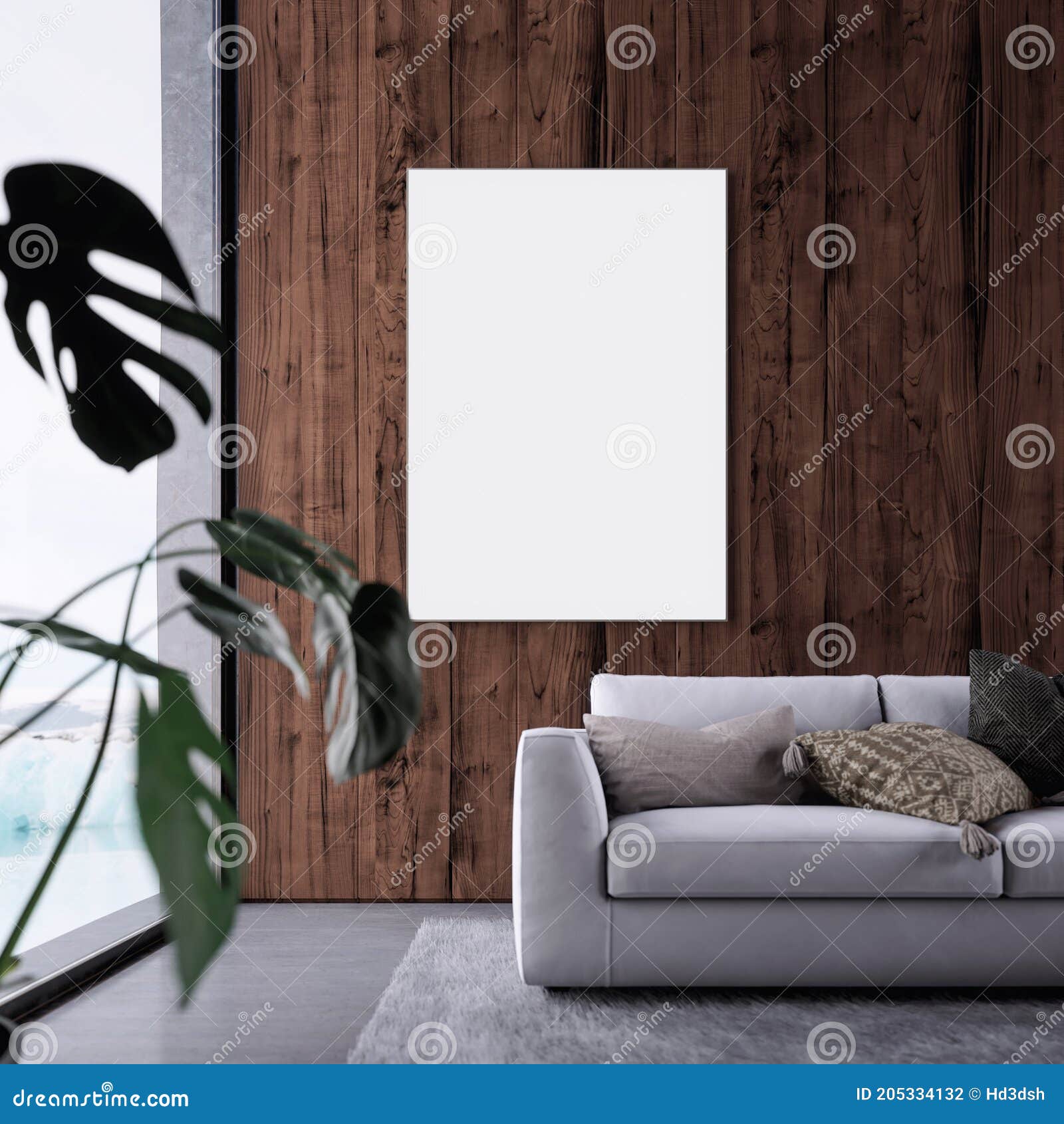 Modern Mock Up Interior with Wooden Panel Wall and White Empty Picture ...
