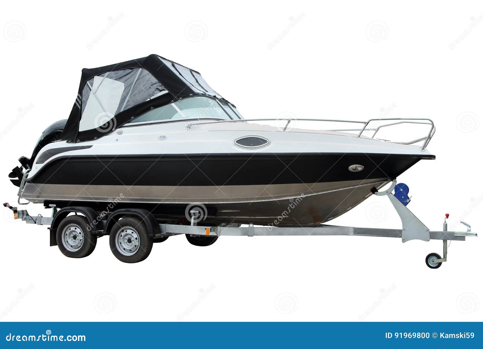 Modern Motor Boat with Canvas Top on a Trailer for Transportation ...