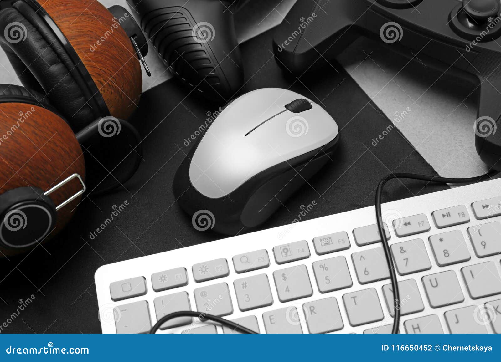 Modern Mouse, Headphones and Keyboard Stock Photo - Image of cable ...