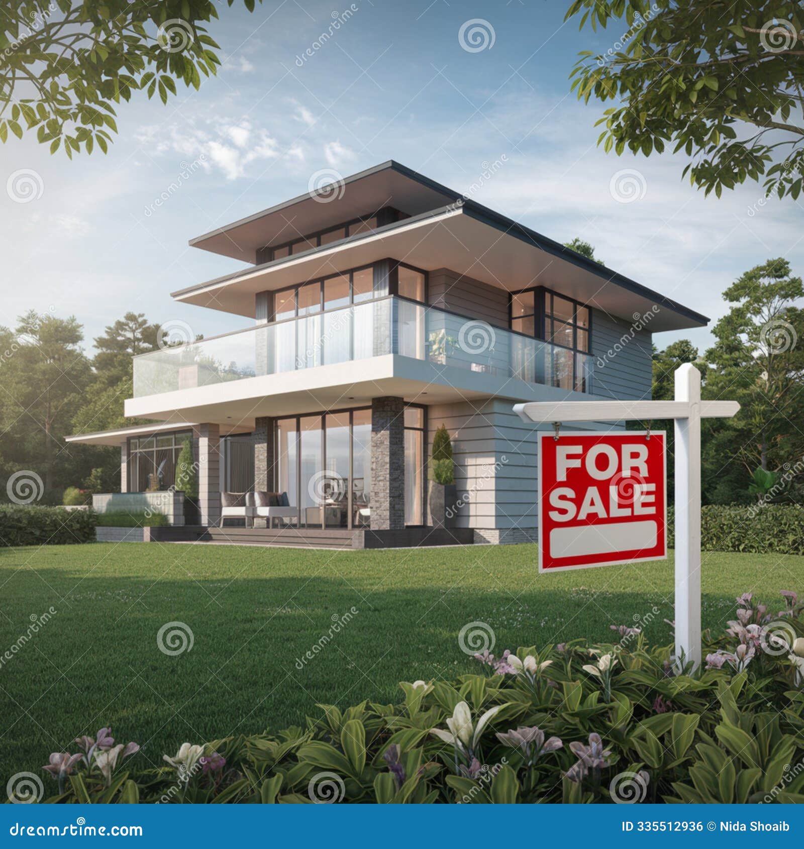 Modern Multi Level House with for SALE Sign, Lush Greenery, and Clear ... Modern Multi Level House with for SALE Sign, Lush Greenery, and Clear ...