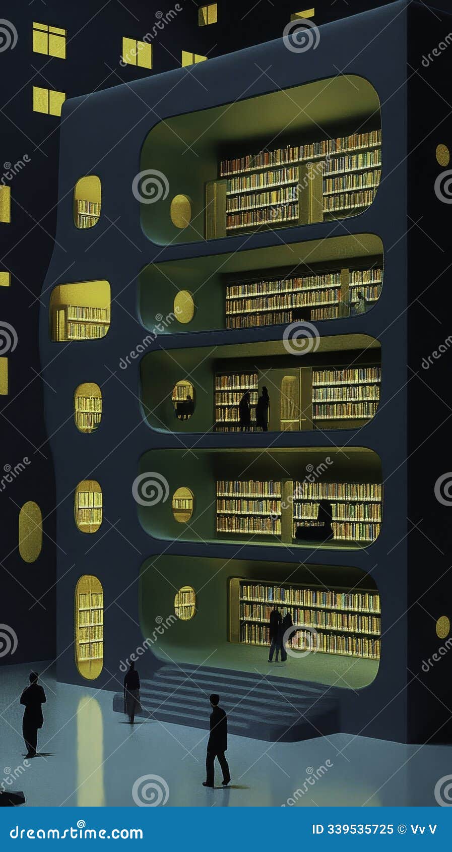 Stylized Library at Night with Silhouettes of People Stock Illustration ...