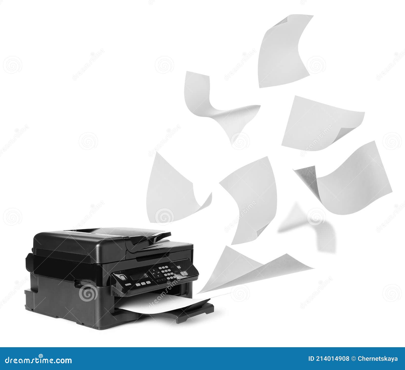 Modern Multifunction Printer and Flying Sheets of Paper on White ...