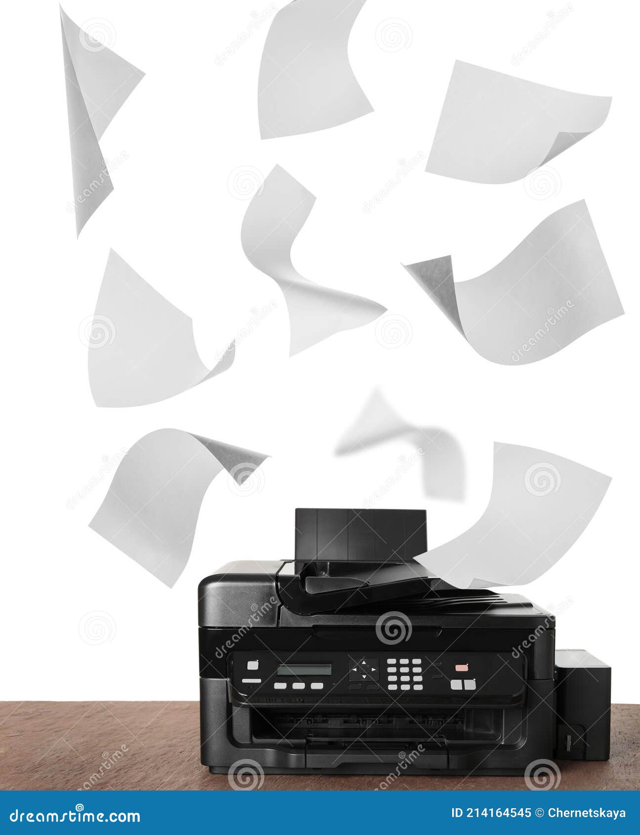 Modern Multifunction Printer on Table and Flying Sheets of Paper ...