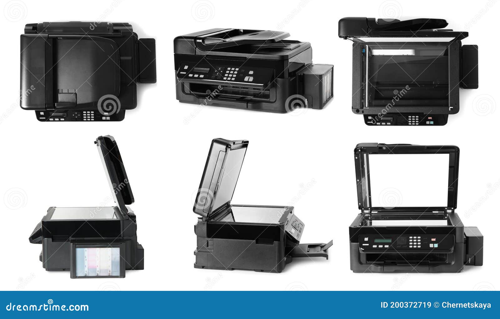 Modern Multifunction Printer on White Background, Views from Different ...