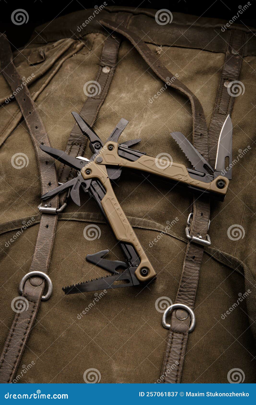 Modern Multitool with Many Tools. a Portable Multitasking Tool on a Vintage Canvas Backpack ...