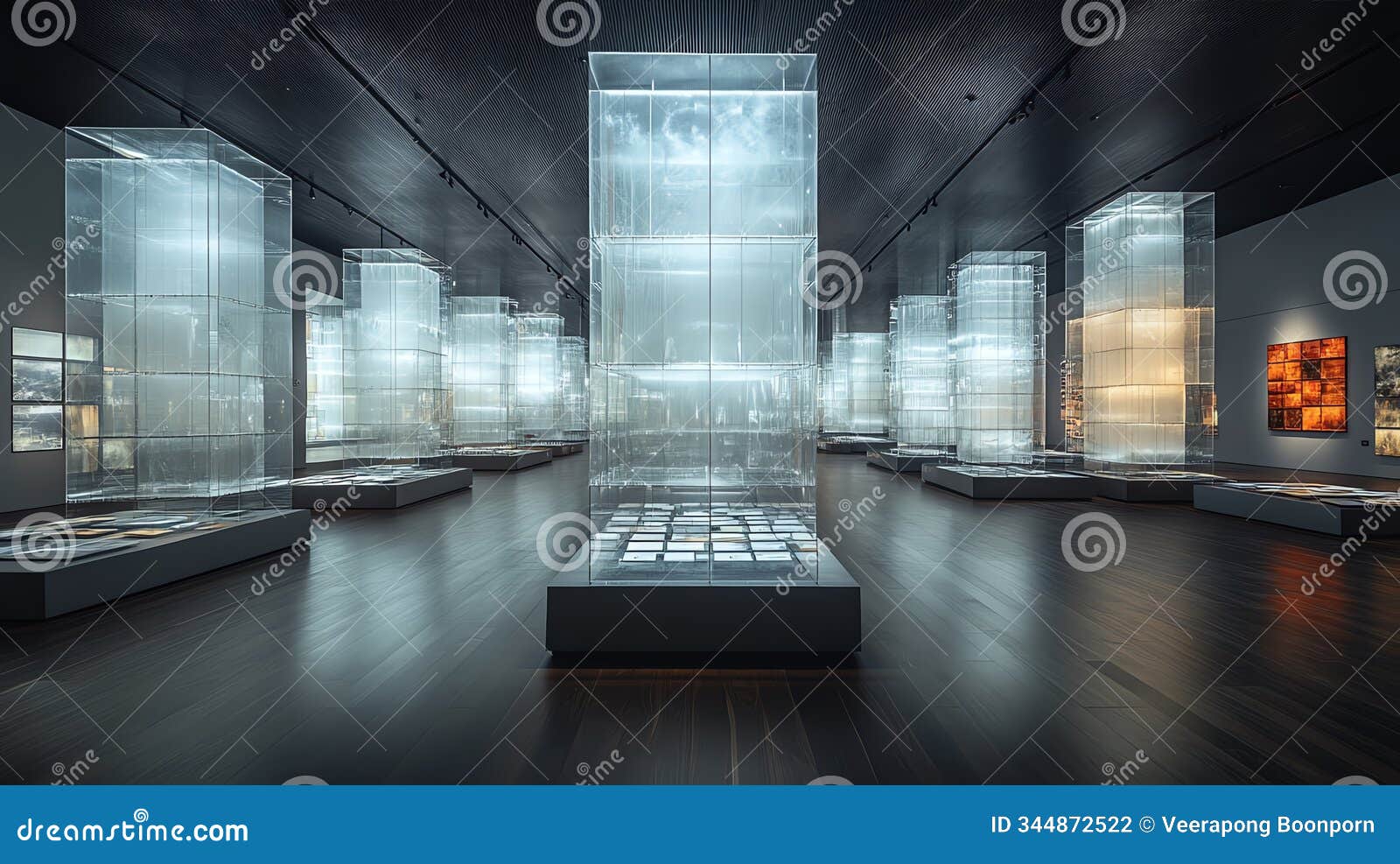 A Modern Museum Interior Featuring Transparent Displays and Sleek ...
