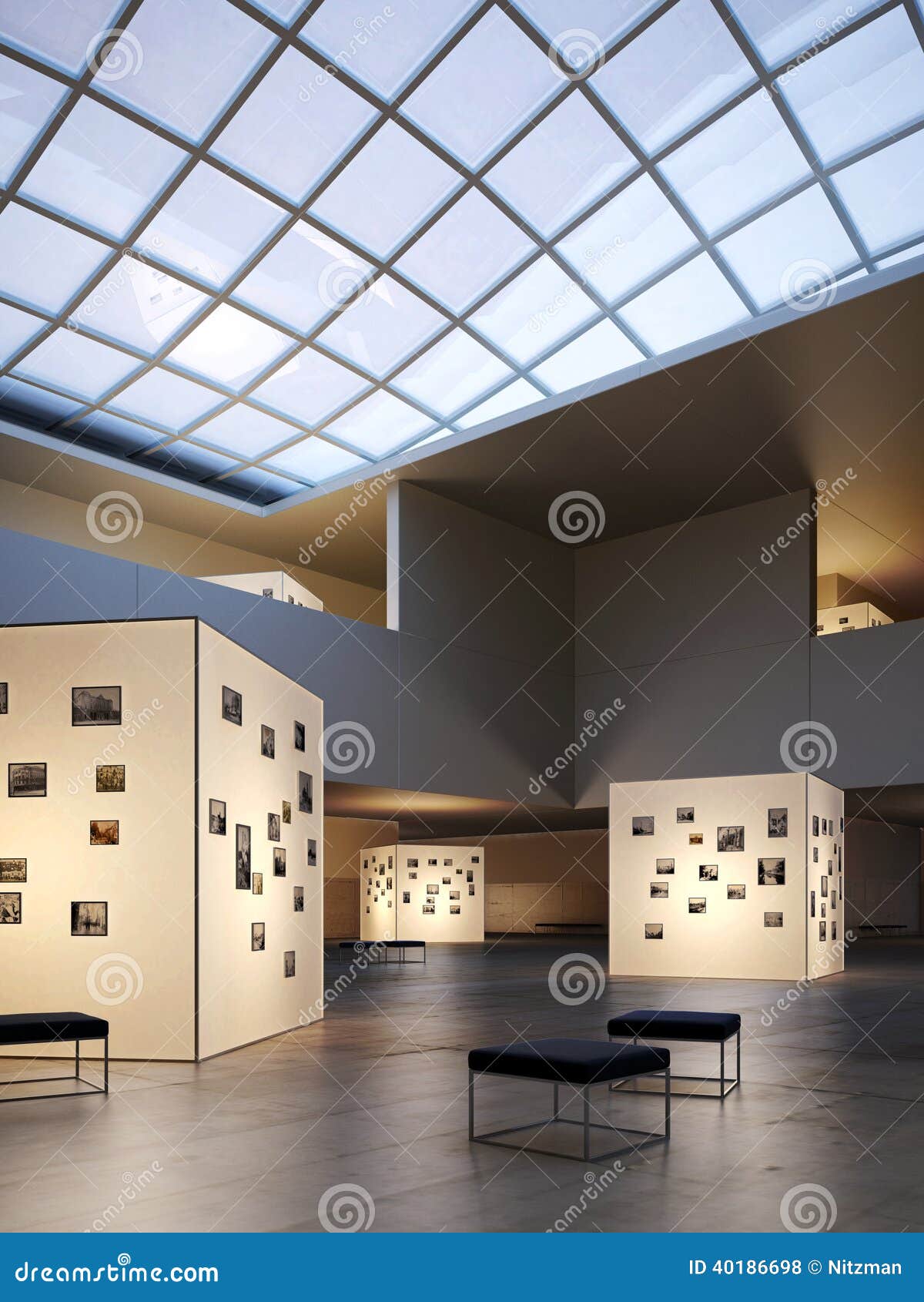 Modern Art Museum With Visitors. Hall With White Walls With Abstract ...