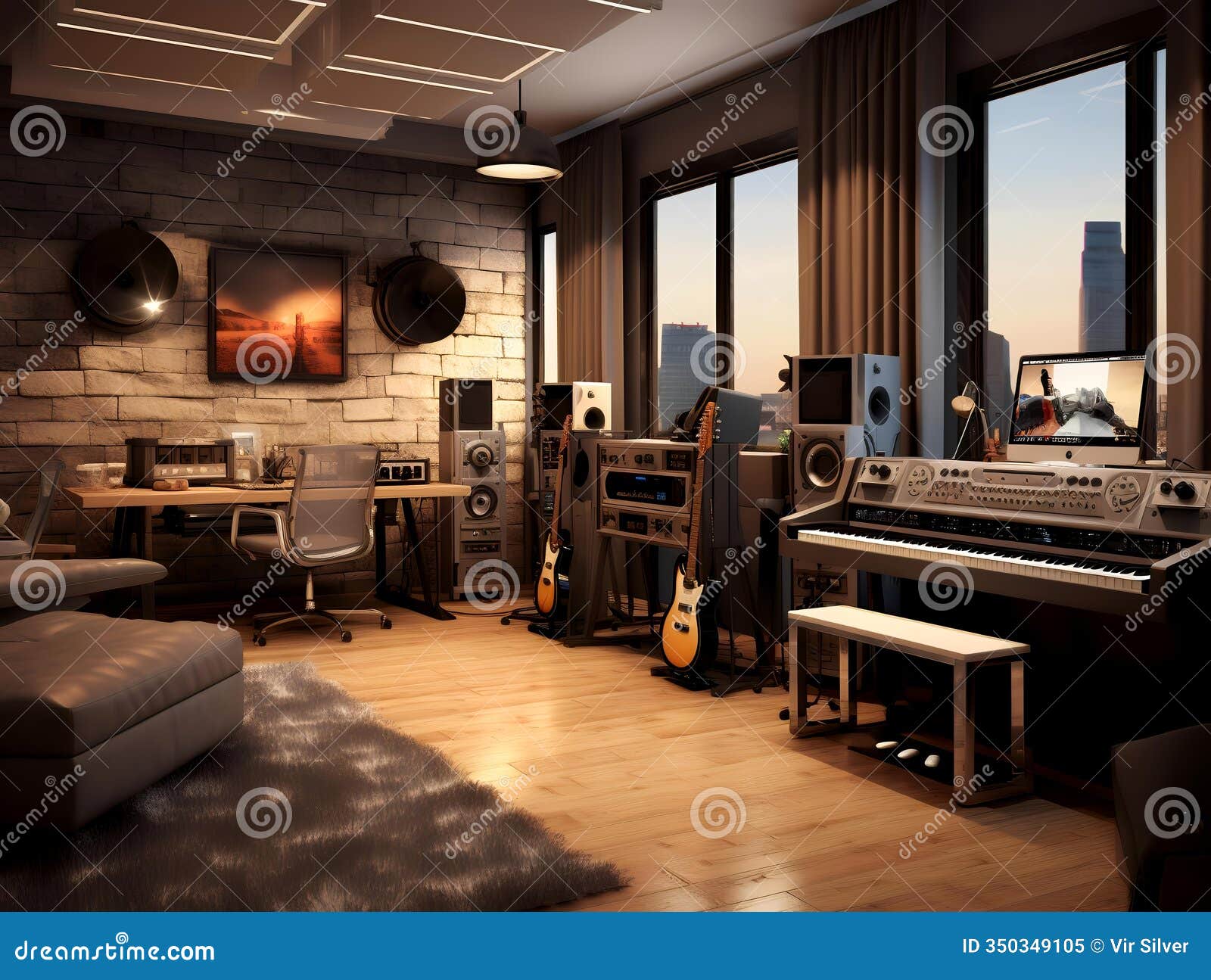 Modern Music Studio with Instruments, Mixing Desk, and City View Stock ...