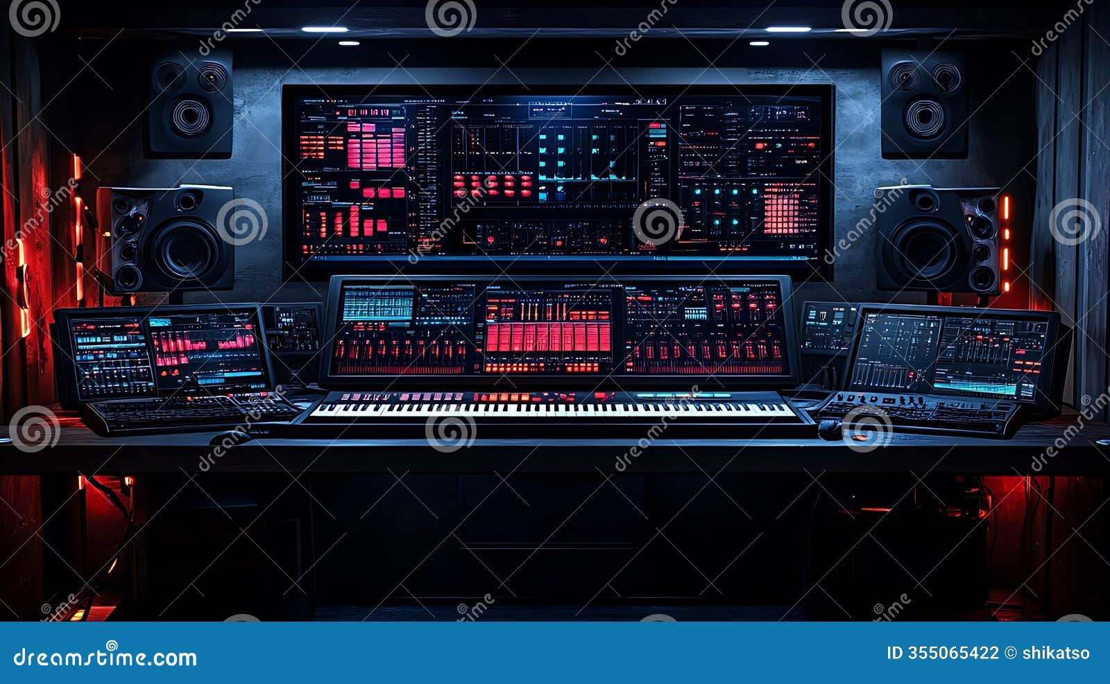 A Modern Music Studio Setup with a Large Computer Screen, a Keyboard ...