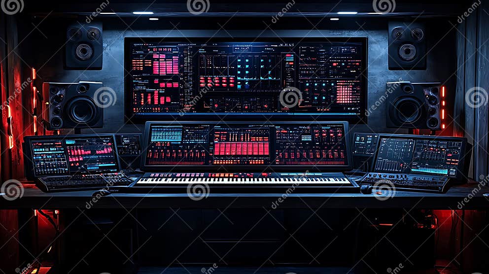 A Modern Music Studio Setup with a Large Computer Screen, a Keyboard ...