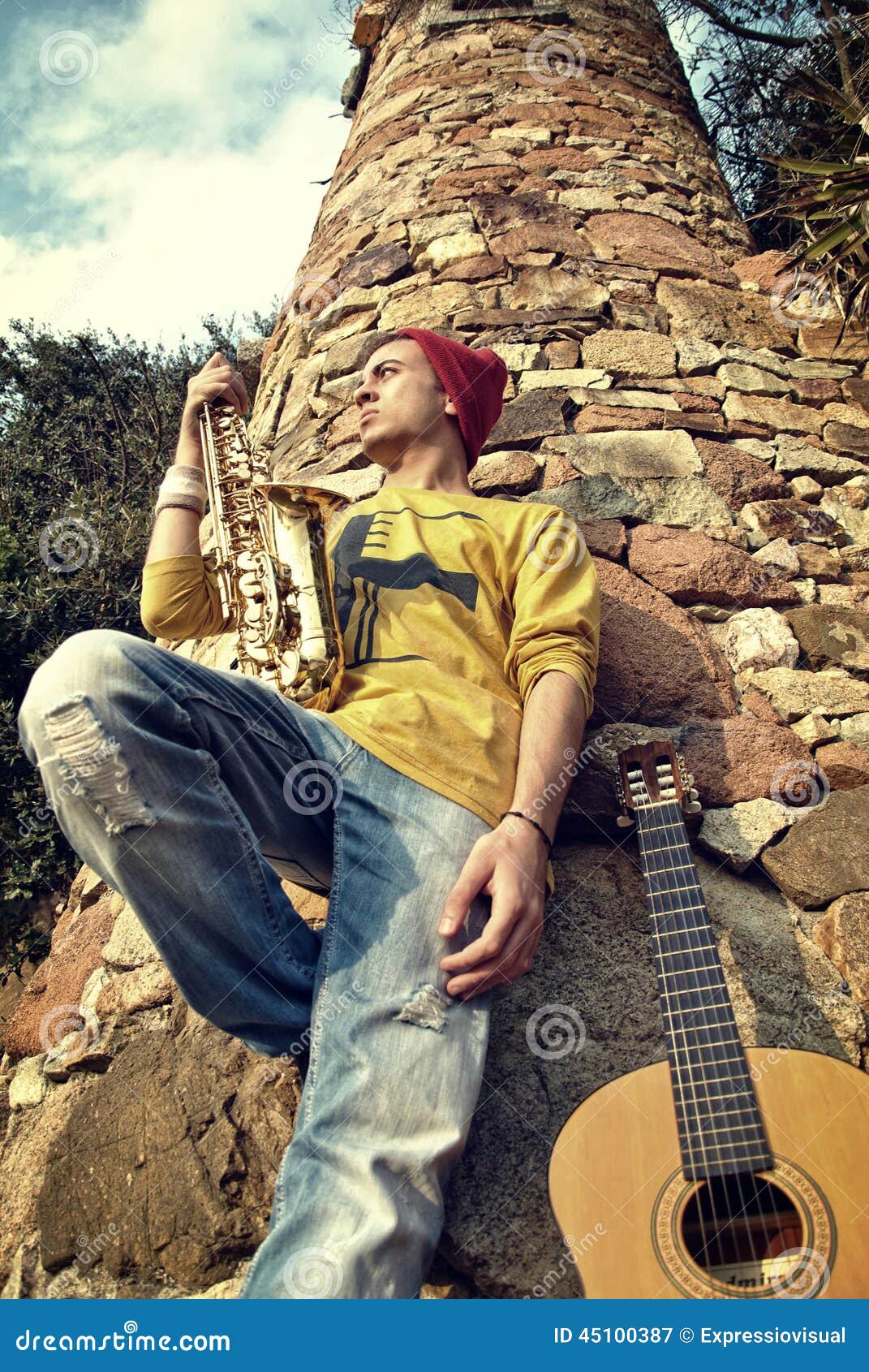 Modern Musician Posing with His Saxophone Stock Image - Image of ...