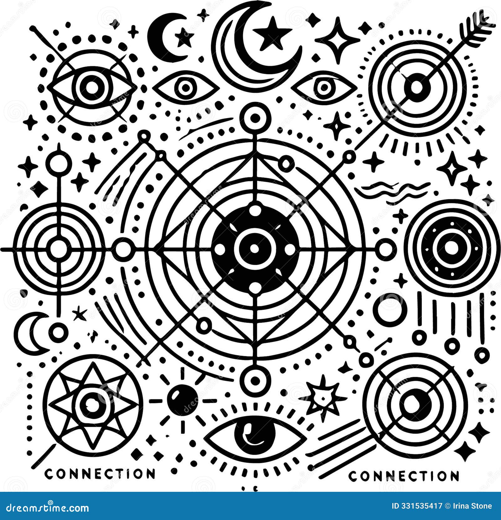 Mystical Geometric Celestial Illustration with Eyes, Moons, and Stars ...