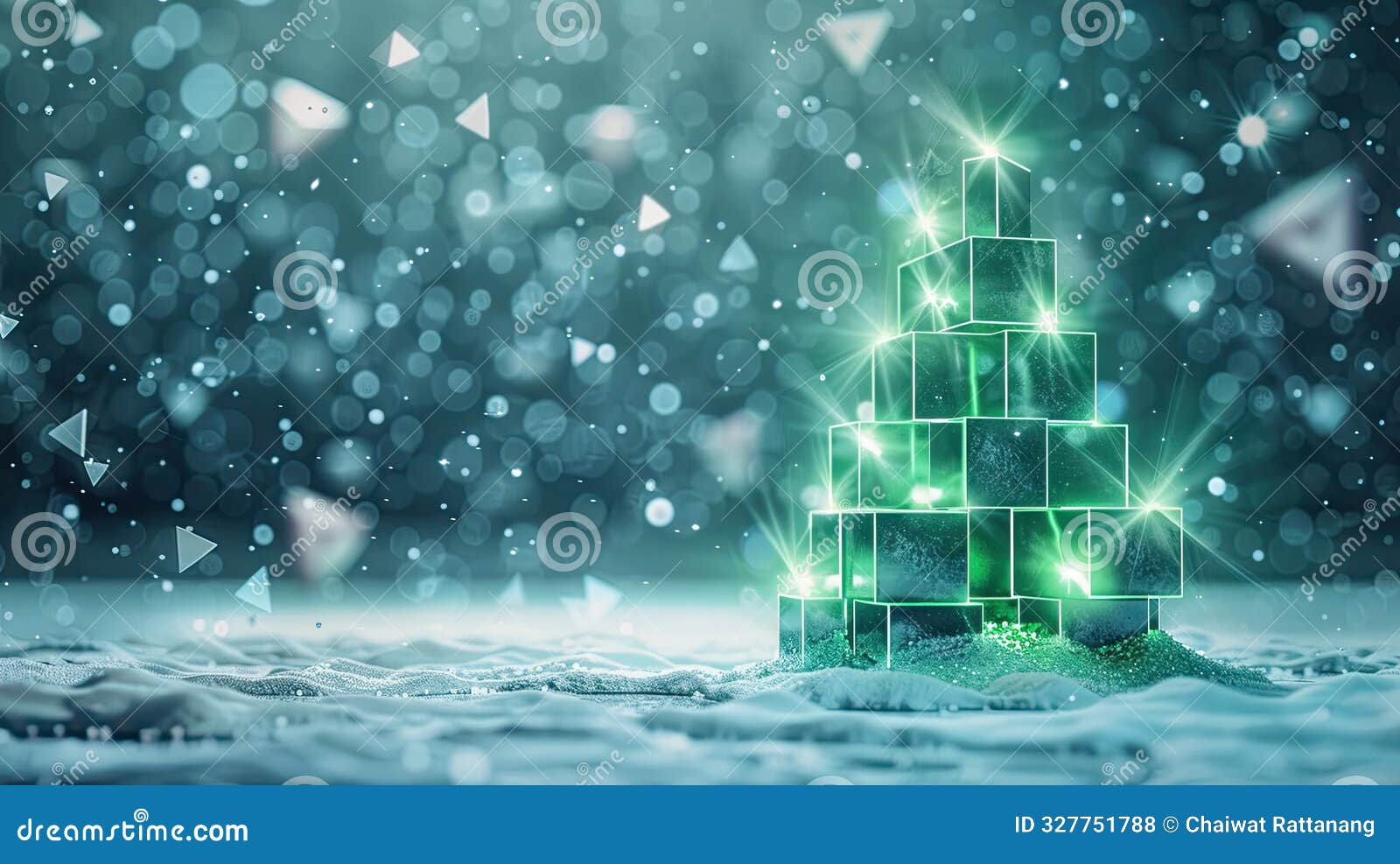 Modern Neon Christmas Tree with Falling Snow Geometric Background Stock ...
