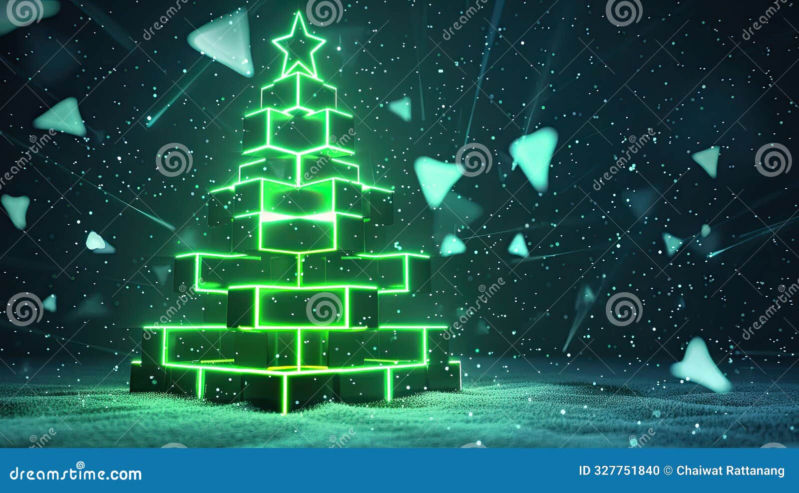 Modern Neon Christmas Tree with Falling Snow Geometric Background Stock ...