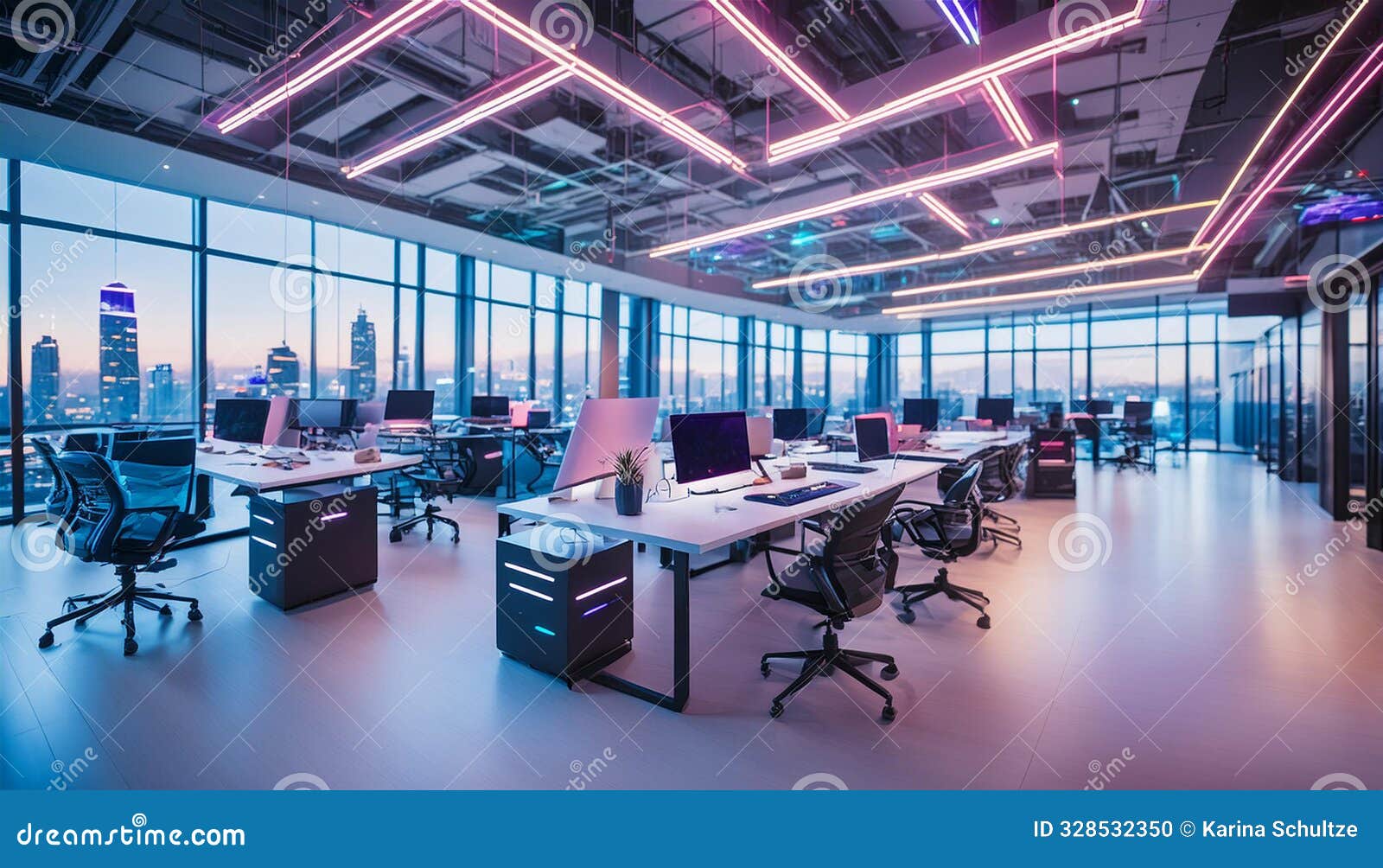 Modern Neon Cyberpunk Open Space Office Interior Blurred with ...