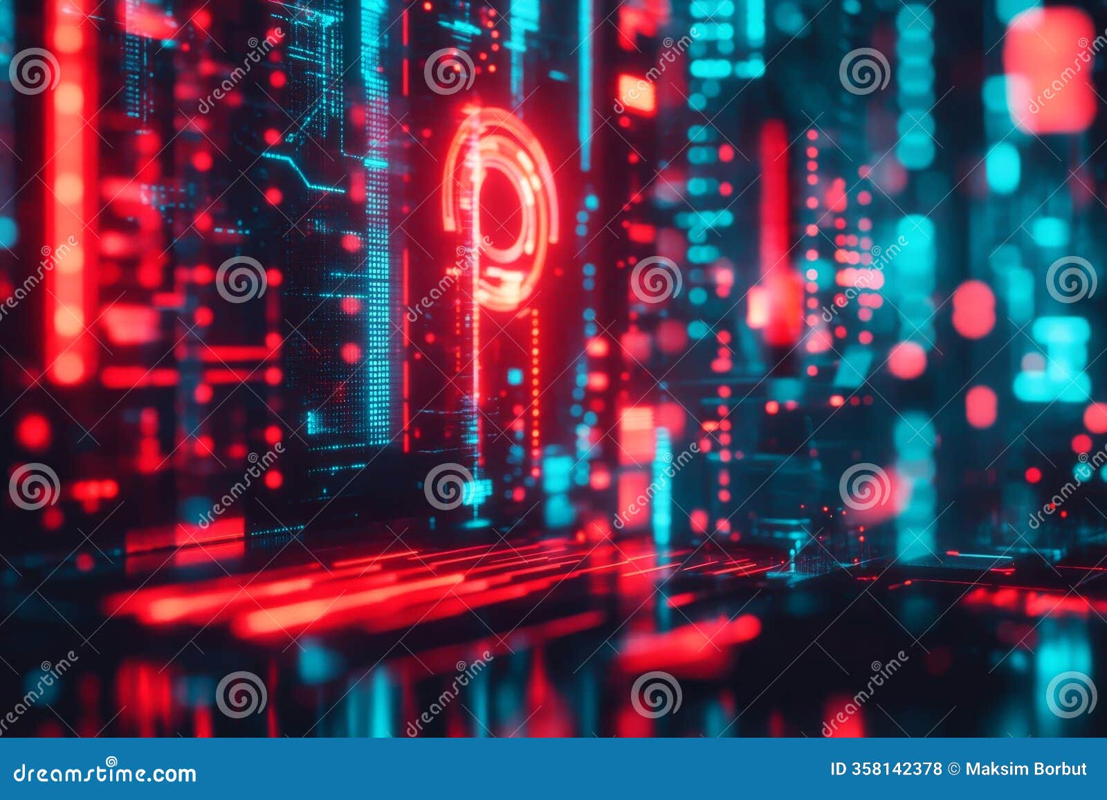Modern Neon Cyberpunk Open Space Office Interior, Blurred with an ...