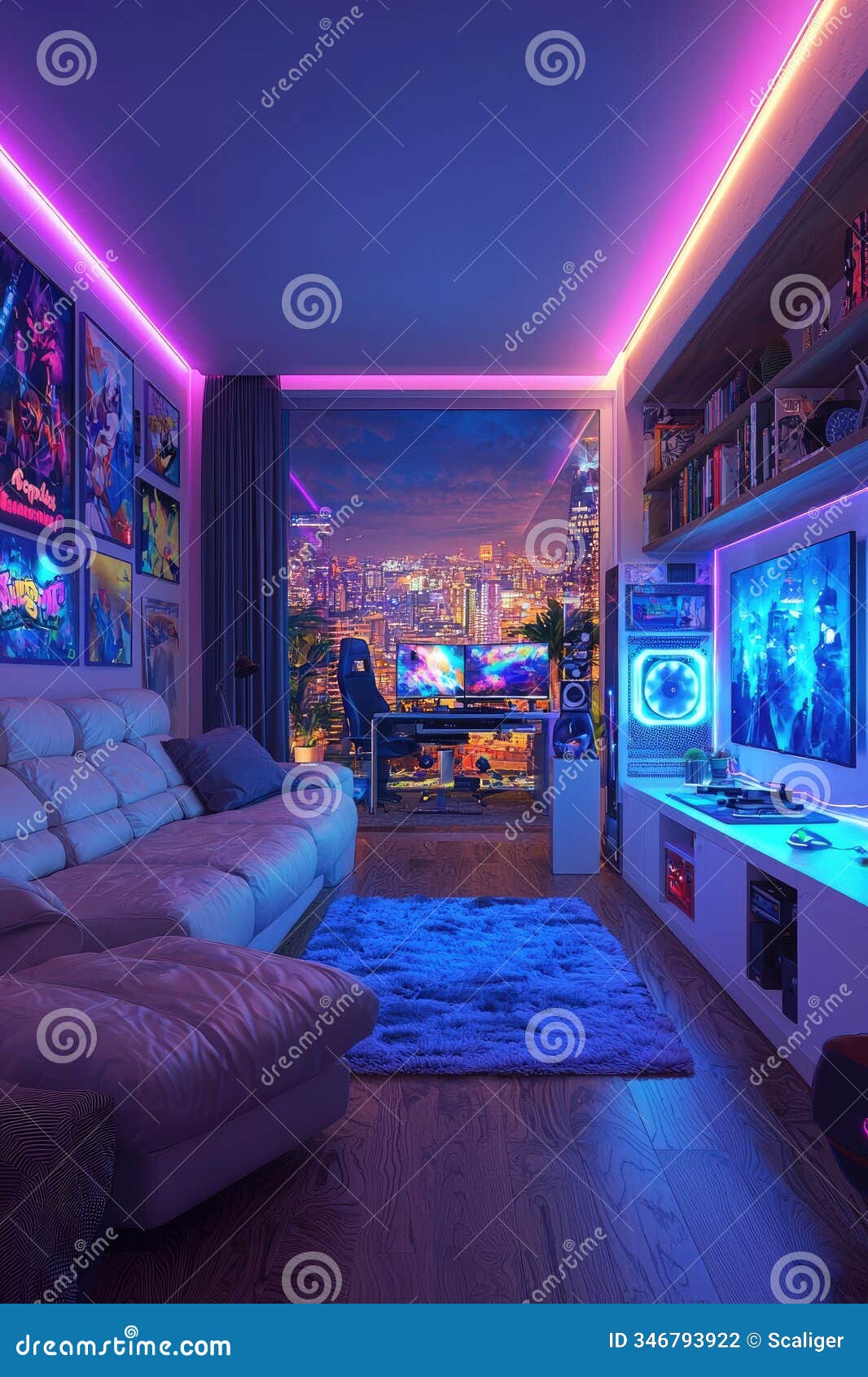 Modern Neon Interior of Teenage Room with Multiple Screens and Posters ...