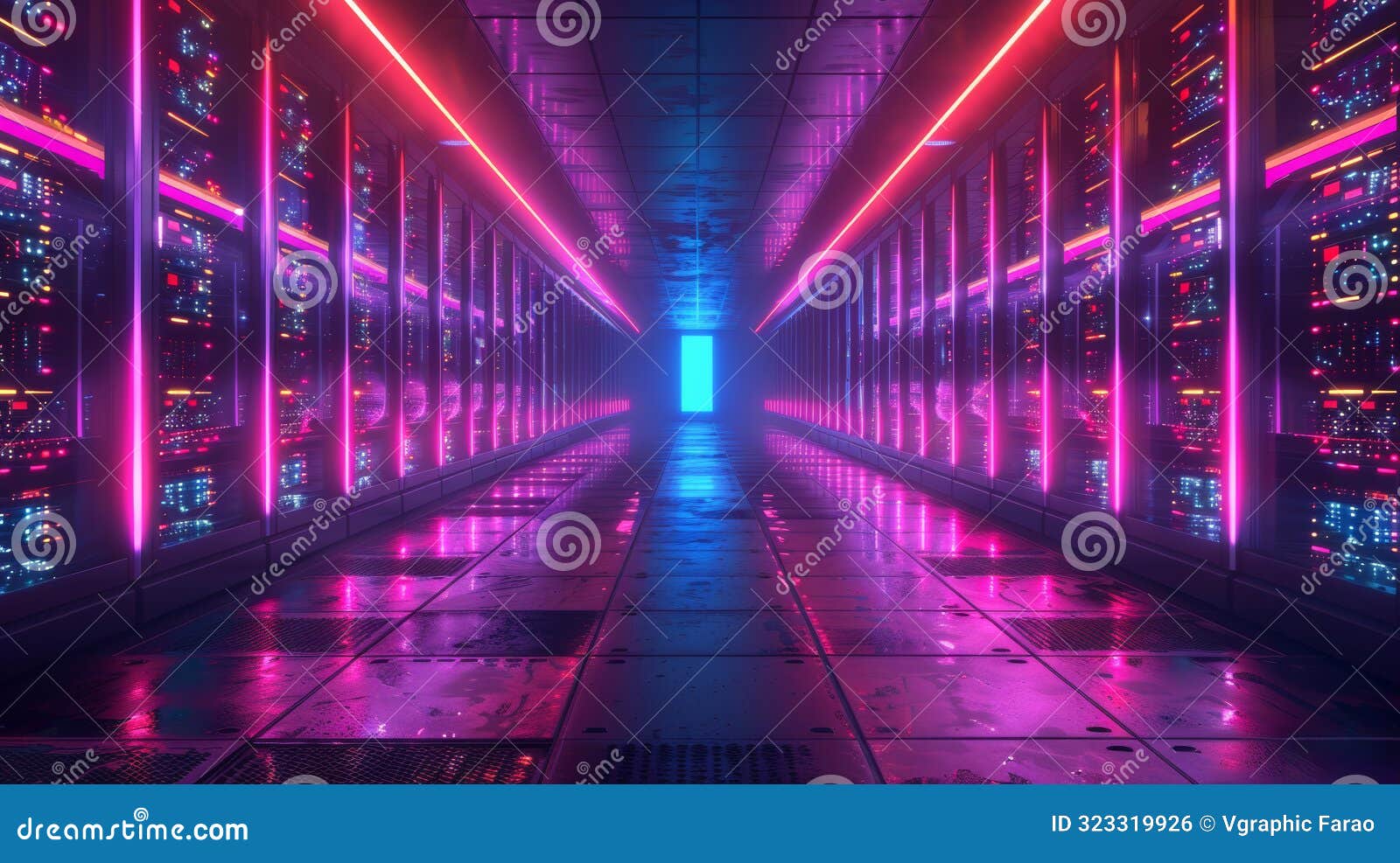 Modern Neon-lit Datacenter Server Room with Glowing Lights, Technology ...