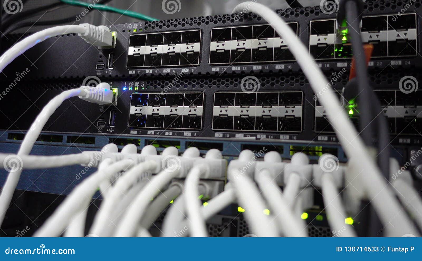 Modern Network Switch with Cables. Server Room. Web Internet and ...