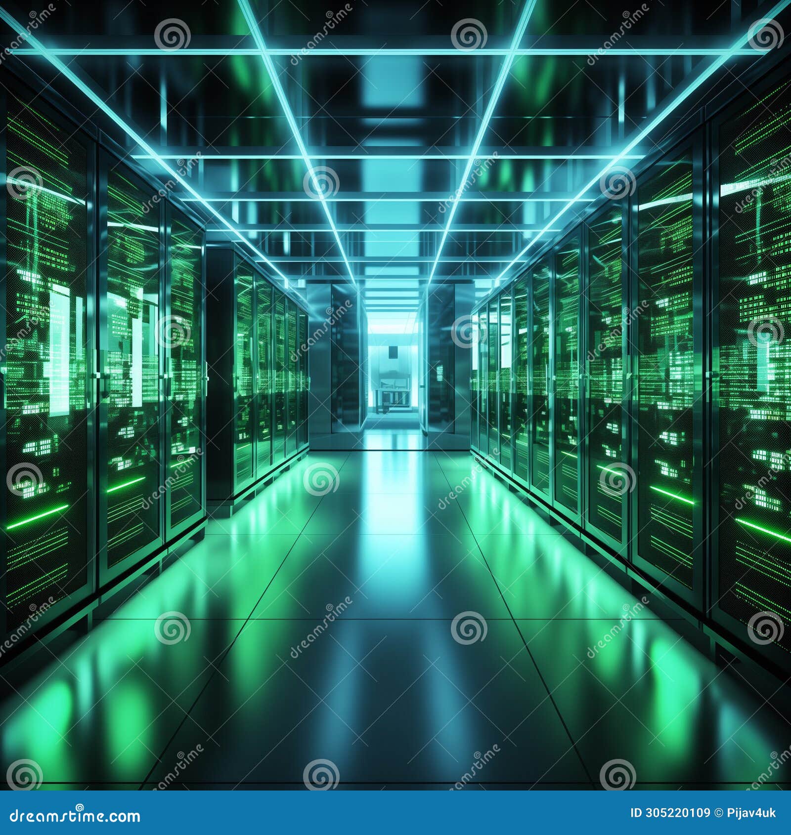Server Room in Datacenter with Data Servers. Green LED Lights Flashing ...