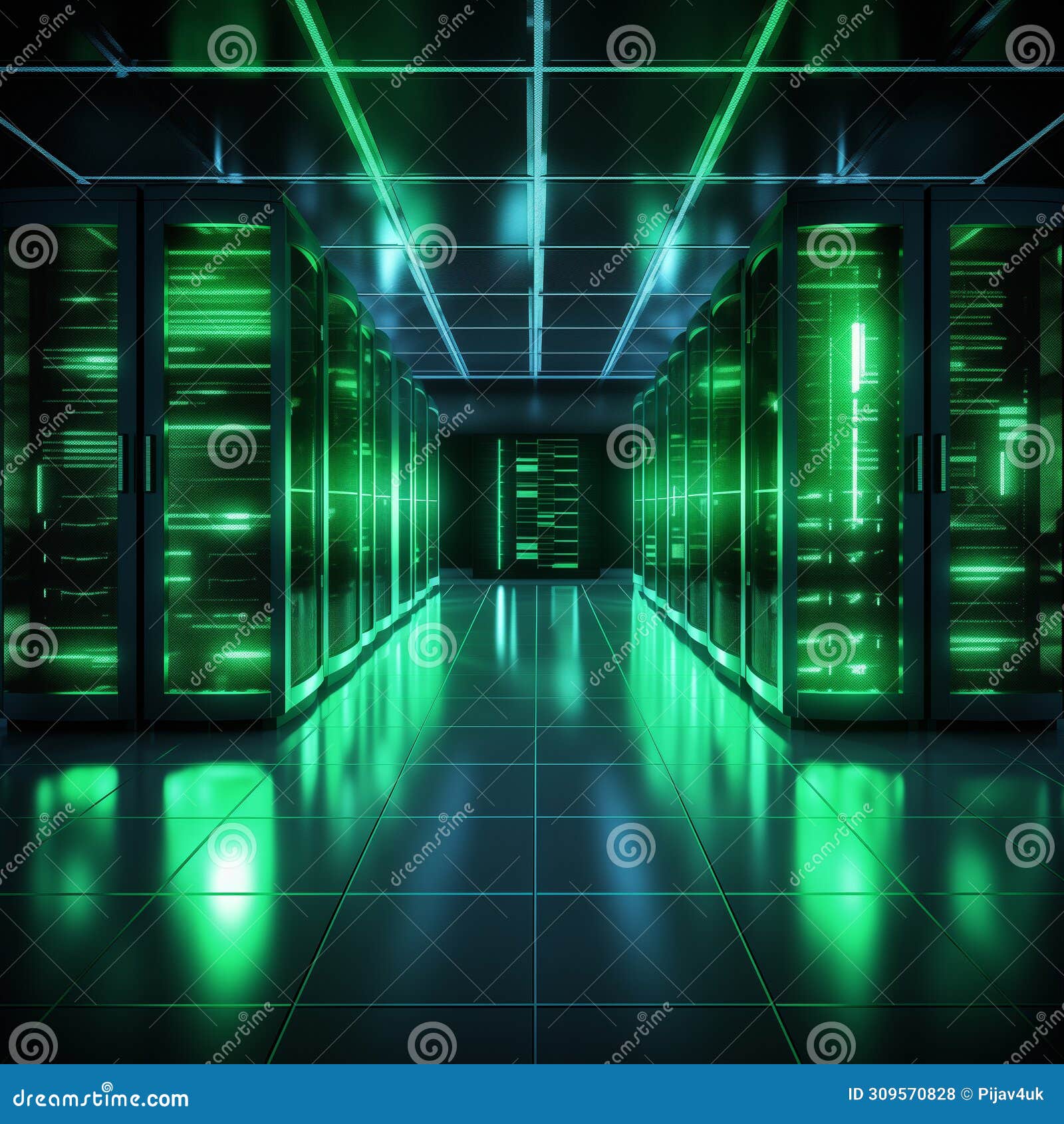 Server Room in Datacenter with Data Servers. Green LED Lights Flashing ...