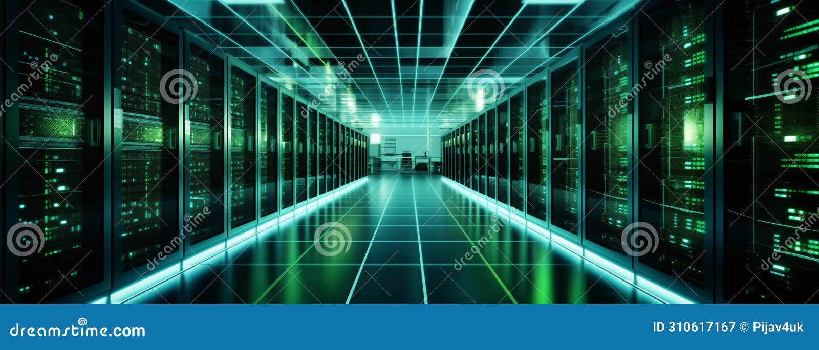 Server Room in Datacenter with Data Servers. Green LED Lights Flashing ...