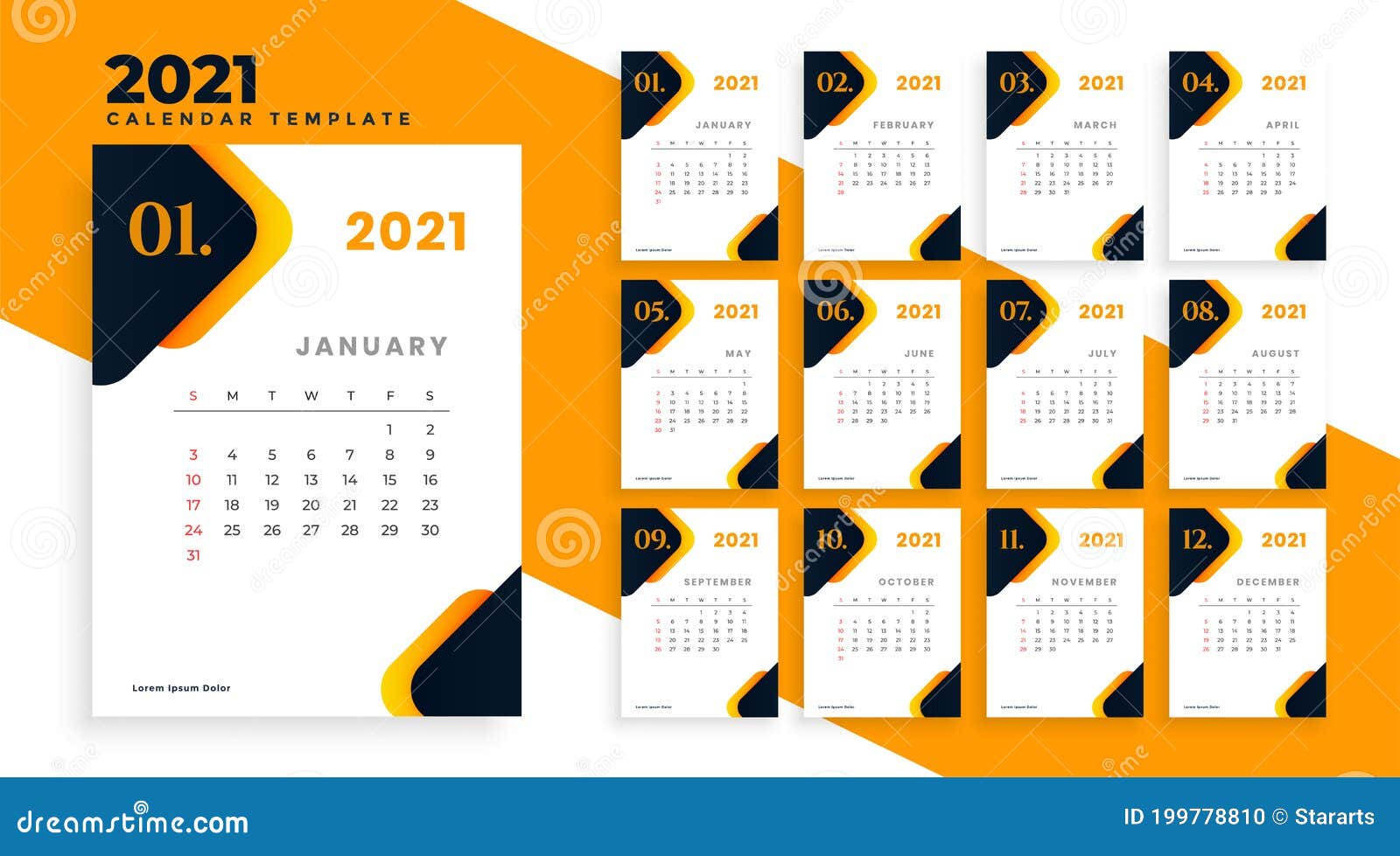 Modern New Year 2021 Orange Calendar Template Design Stock Vector ...