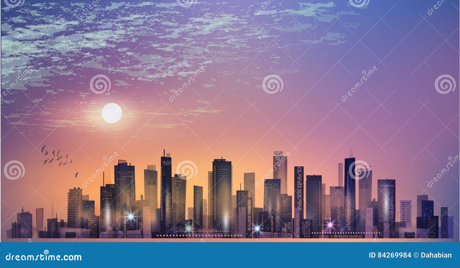 Modern Night City Skyline In Moonlight Or Sunset, With Reflectio Vector ...