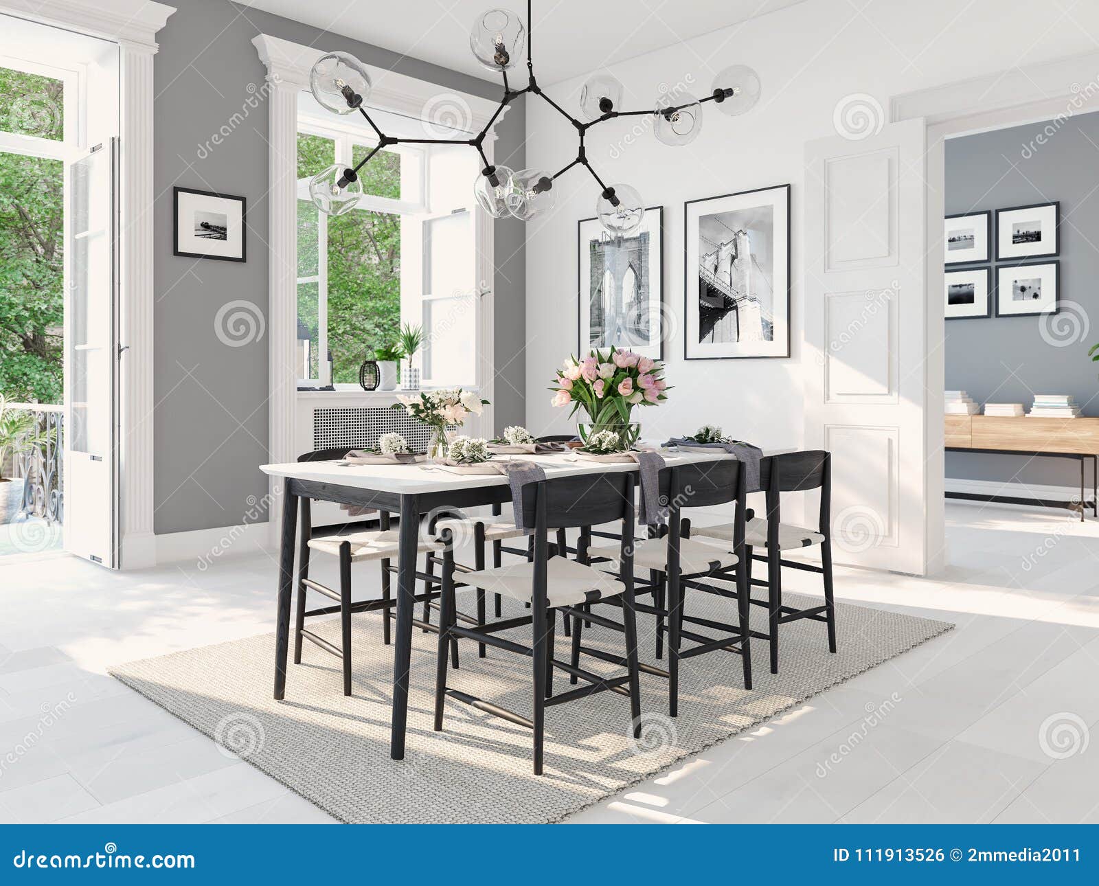 Modern Nordic Dining Room in Loft Apartment. 3D Rendering Stock ...